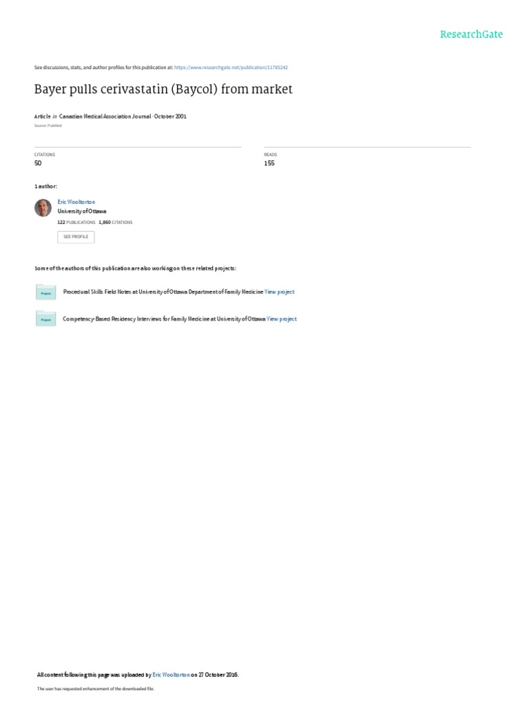 Bayer Pulls Cerivastatin Baycol From Market | PDF