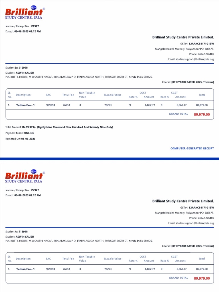 BRILLIANT PALA TUTION FEE INSTALLMENT 2 Rs.89,979.00 03.06.2023 ASWIN SALISH | PDF