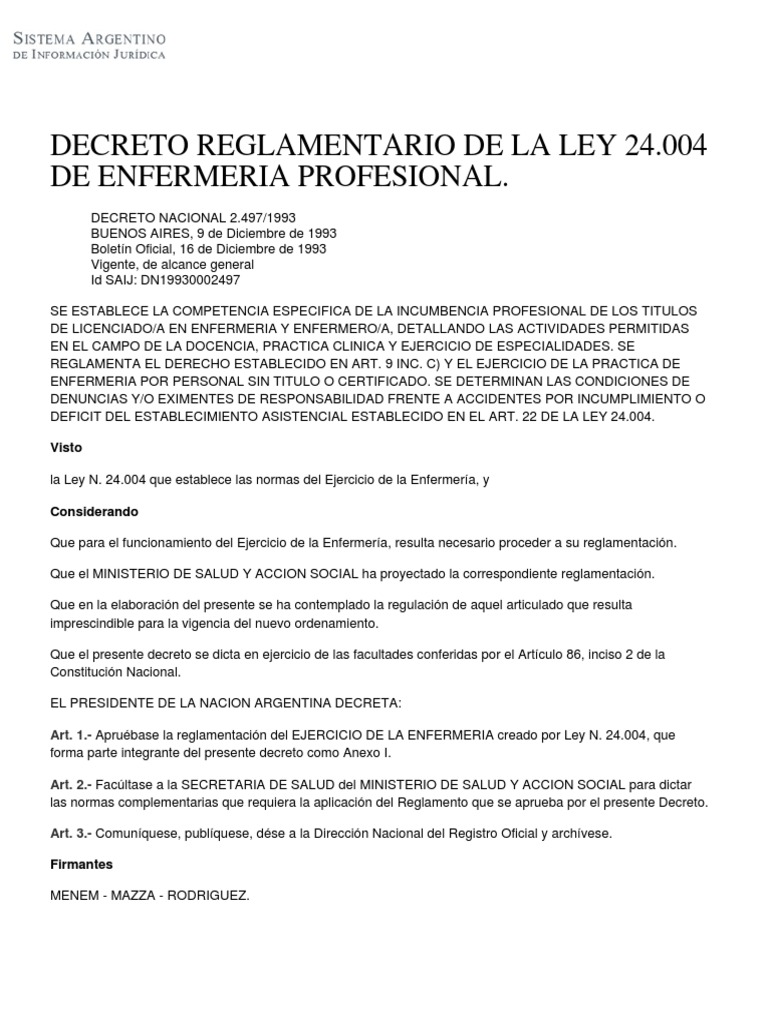 Decreto Reglamentario de La Ley 24.004 de Enfermeria Profesional. | PDF