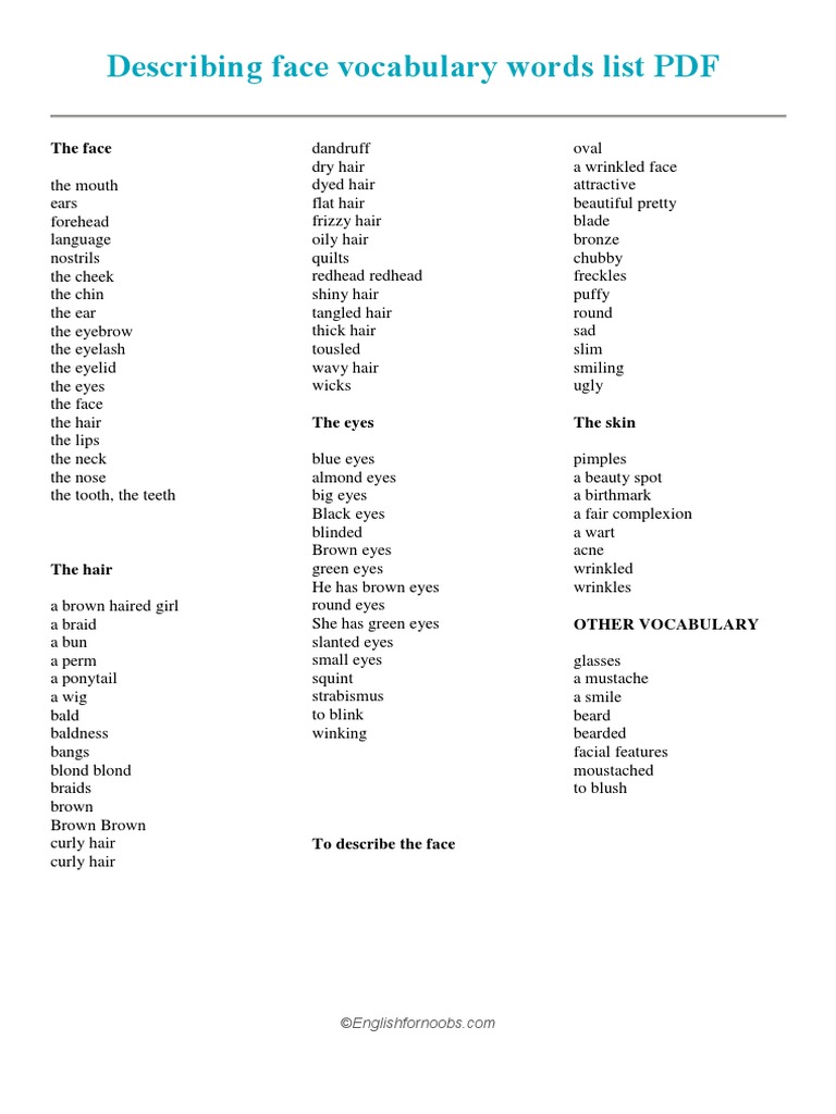 Face Description Vocabulary Guide | PDF