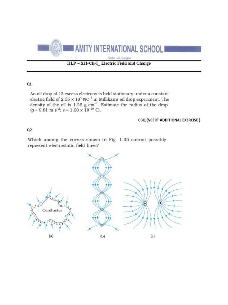 HLP - XII-Ch-I - Electric Field and Charge: CBQ (Ncert Additional ...