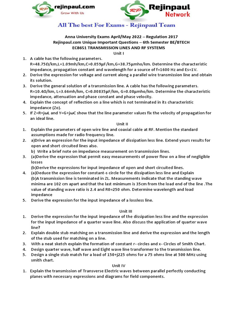Anna University EC8651 Exam Questions 2022 | PDF | Transmission Line ...
