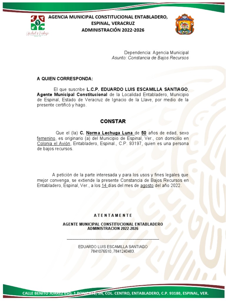 Constancia de Bajos Recursos Espinal | PDF