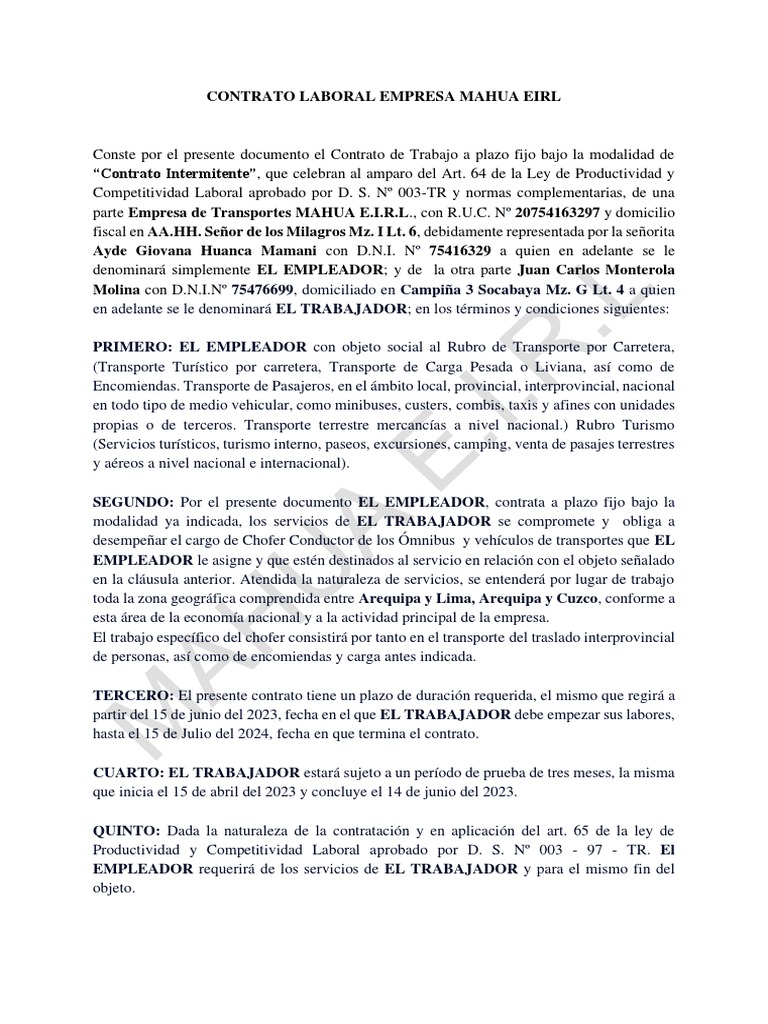 Contrato Intermitente | PDF | Salario | Derecho laboral