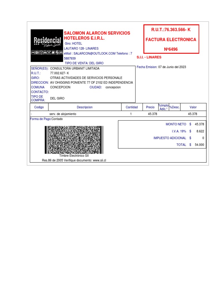 Salomon Alarcon Servicios Hoteleros E.I.R.L. R.U.T.:76.363.566-K Factura Electronica Nº6496 | PDF