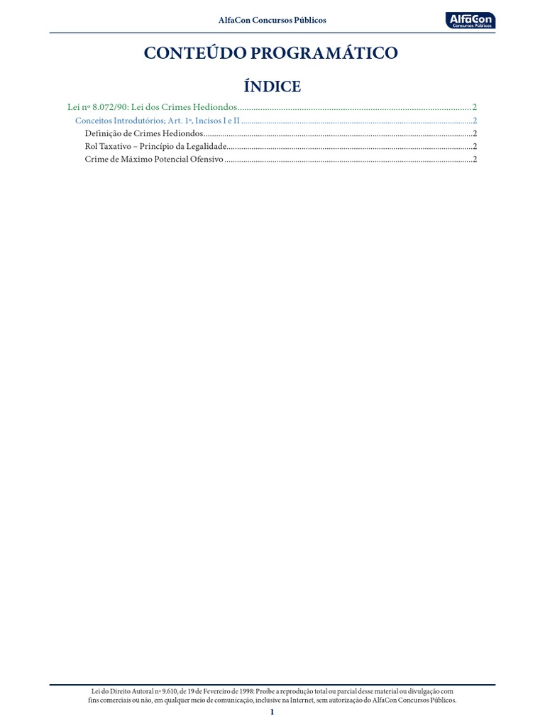 1 AlfaCon Lei N 8 072 1990 e Alteracoes Crimes Hediondos Aspectos Introdutorios Art 1 Incisos I ...