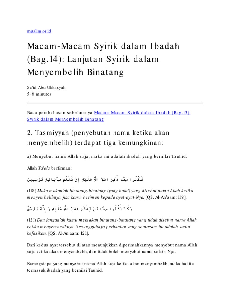 Syirik dalam Menyembelih Binatang | PDF