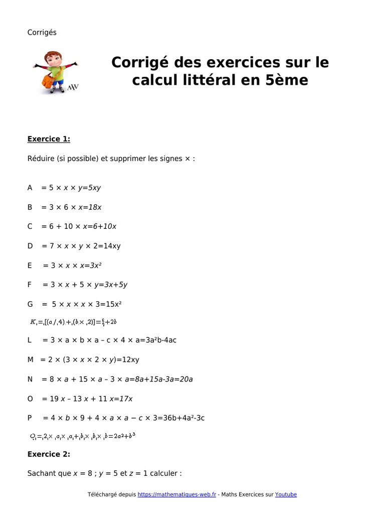 5.corrige Des Exercices Sur Le Calcul Litteral en 5eme | PDF 5.corrige Des Exercices Sur Le Calcul Litteral en 5eme | PDF