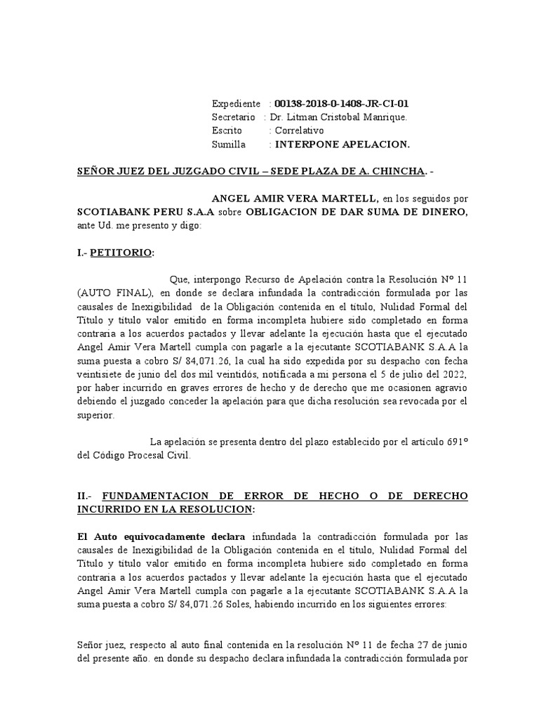 Apelacion Obligacion de Dar Suma de Dinero | PDF | Apelación | Ley procesal