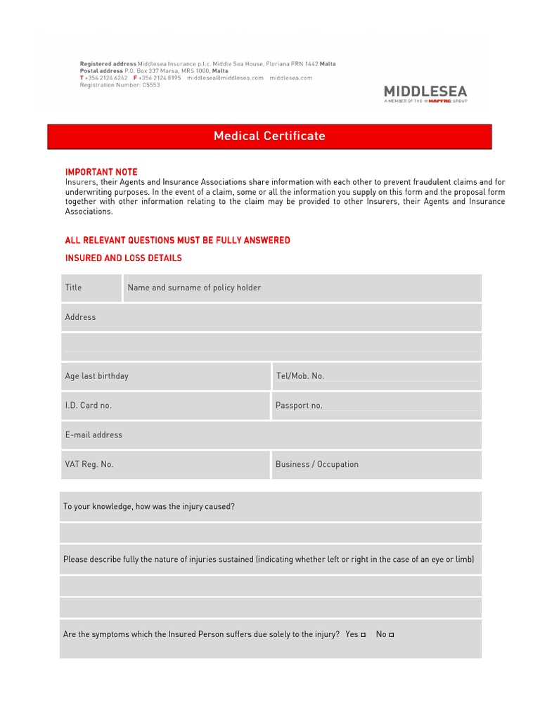 Medical Certificate | PDF | Insurance | Underwriting