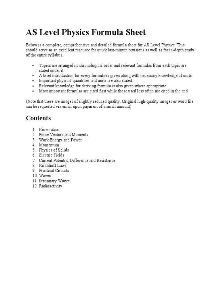 As Level Physics Formula Sheet | PDF