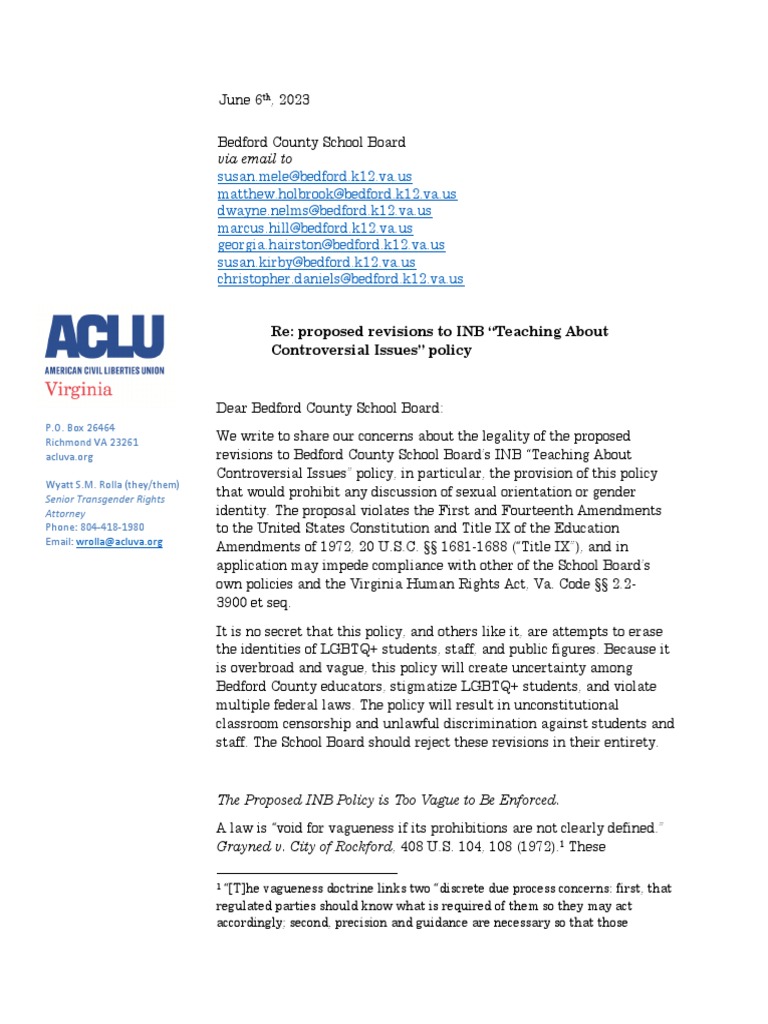 ACLU BCPS Letter INB Policy | PDF
