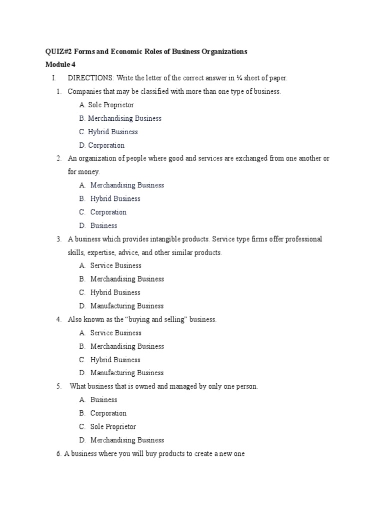 QUIZ2 Forms and Economic Roles of Business Organizations | PDF ...