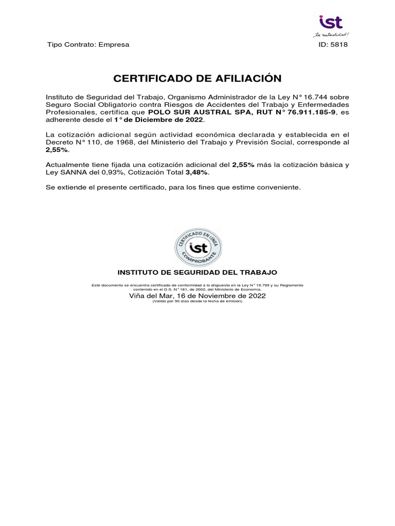 Certificado IST - 76911185-9 | PDF