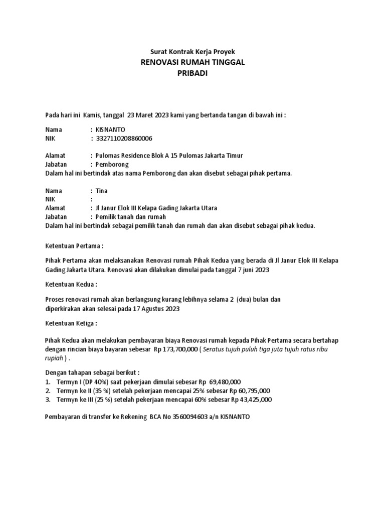 Surat Kontrak Bu Tina | PDF