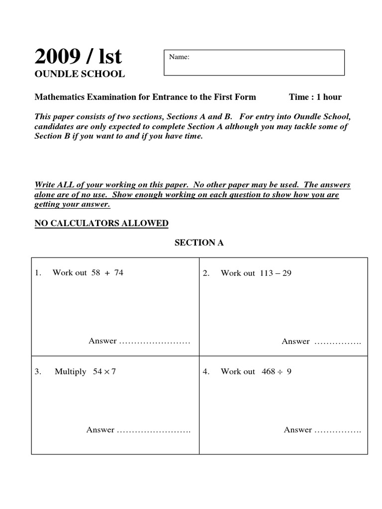 2009-Maths 1st Form Entry | PDF | Mathematics