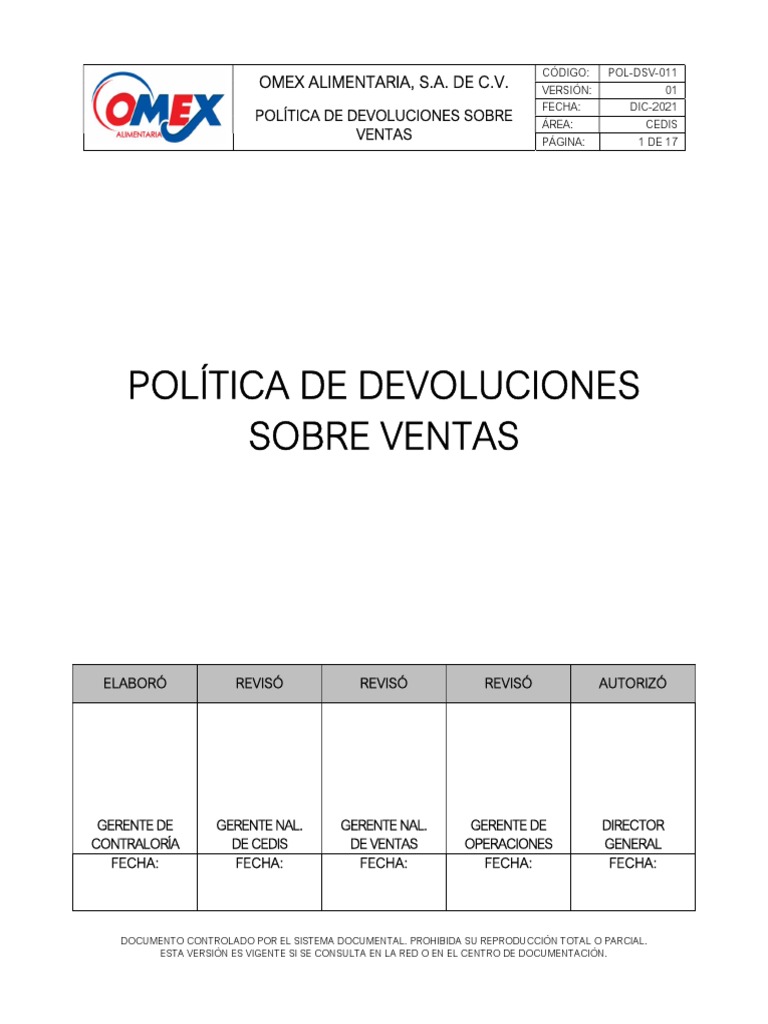 Política de Devoluciones Sobre Ventas | PDF | Alimentos | Auditoría