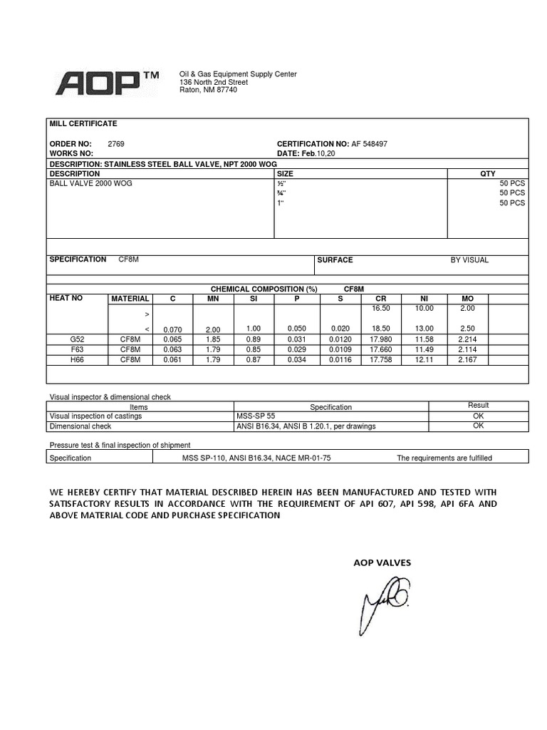 Aop Ball Valves Certificate | PDF | Valve | Equipment