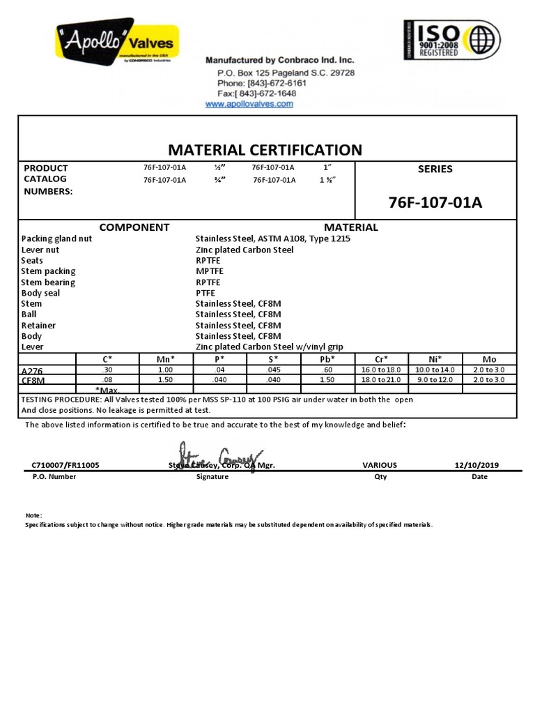Apollo Certificate | PDF | Stainless Steel | Chemistry