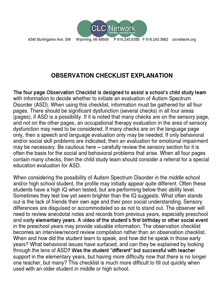 EVAL Observation Checklist ASD | PDF | Autism Spectrum | Communication