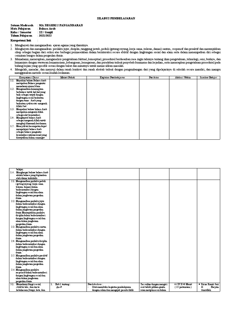 Silabus Bahasa Arab Kelas Xi Semester Ganjil | PDF