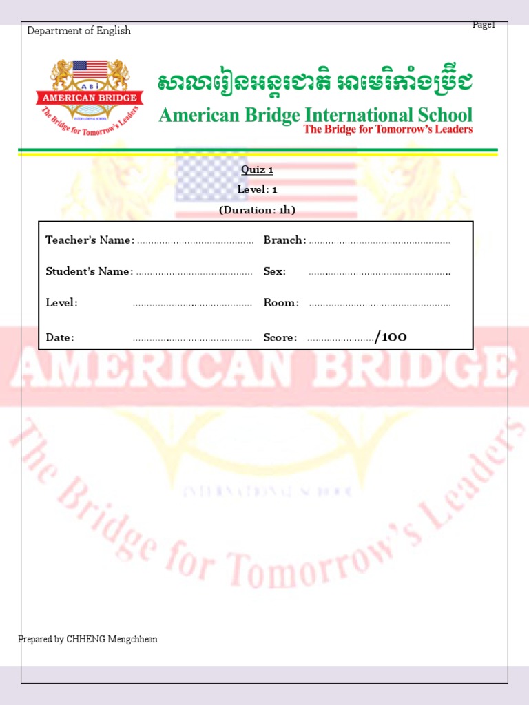 Level 1 English Quiz for Students | PDF