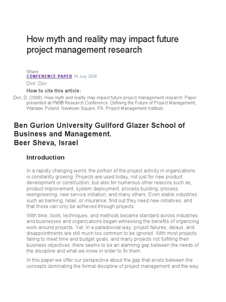 How Myth and Reality May Impact Future Project Management Research | PDF