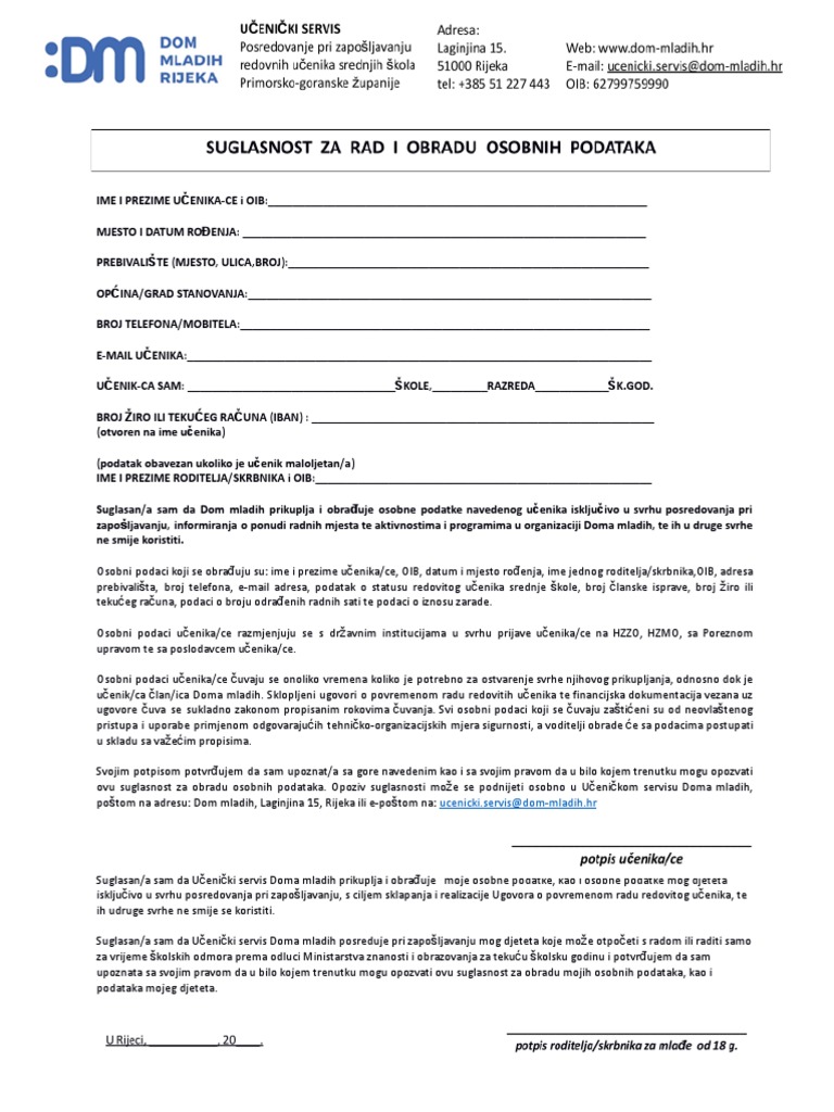Suglasnost Za Rad I Obradu Osobnih Podataka | PDF