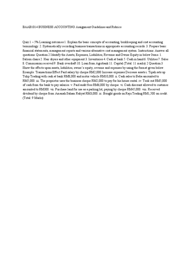 BAAB1014 BUSINESS ACCOUNTING Assignment Guidelines and Rubrics | PDF