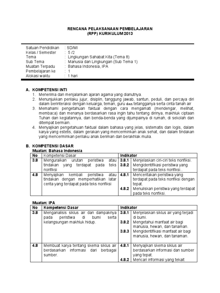 RPP Ipa Kelas 5 Tema 8 | PDF