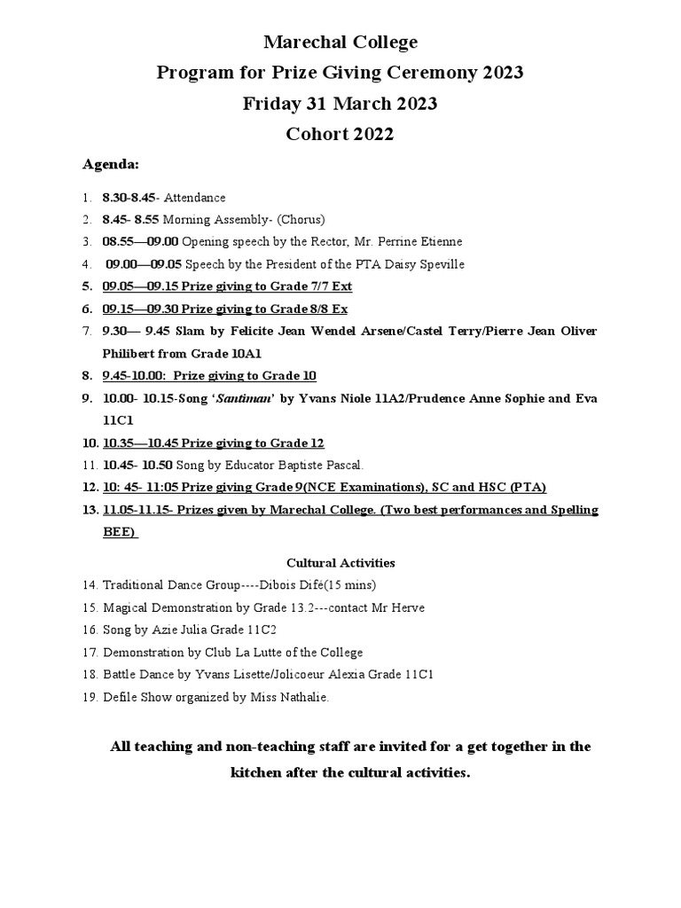 Agenda For Prize Giving 2023 | PDF