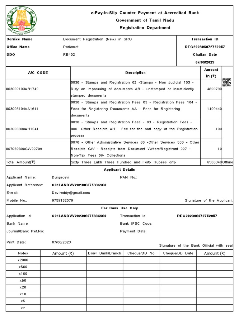 Document Registration Payment Slip | PDF | Banking | Payments