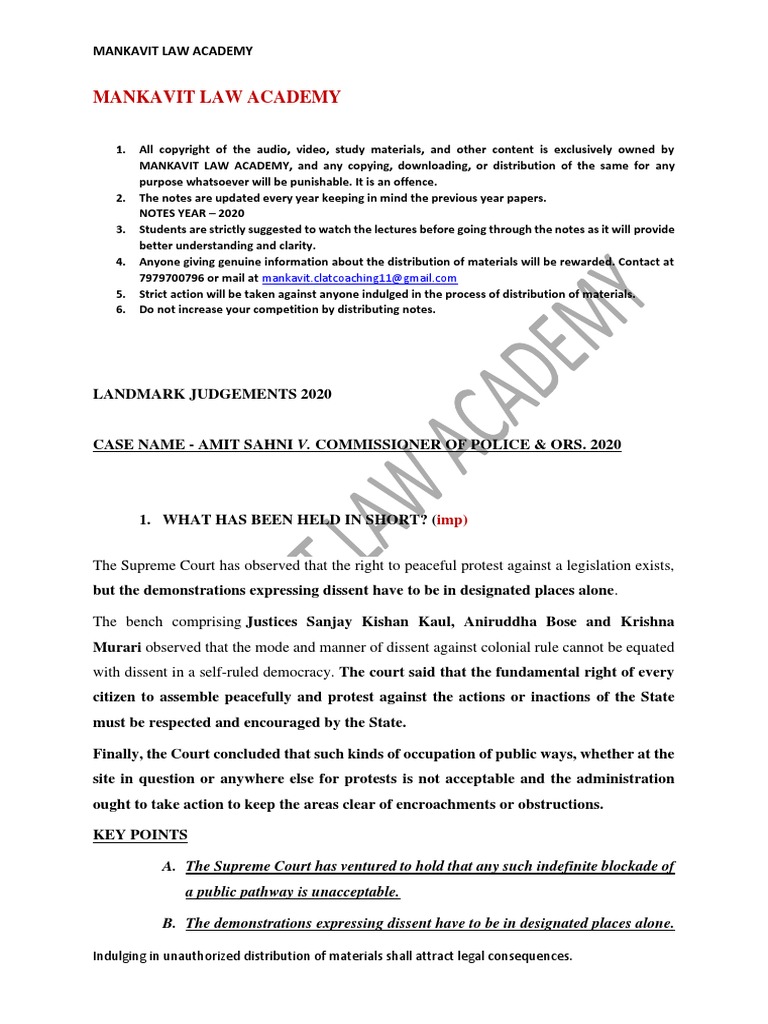 Case 4 Amit Sahni v. Commissioner of Police 2020 | PDF
