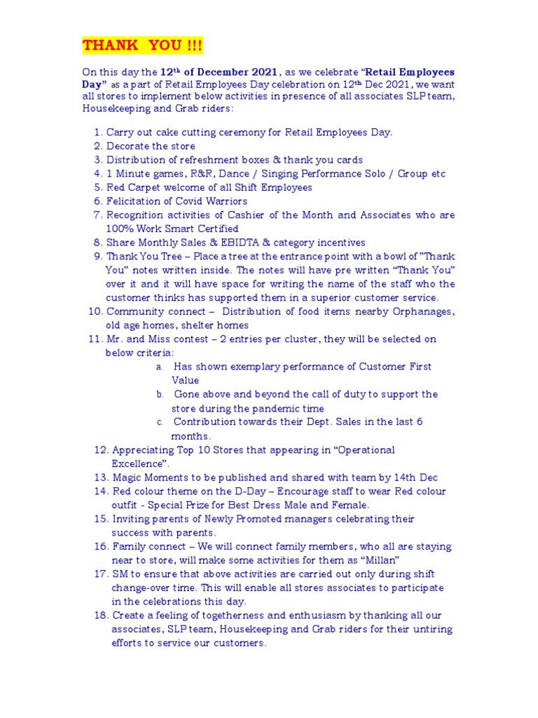 Retail Employees Day Celebration Plans | PDF