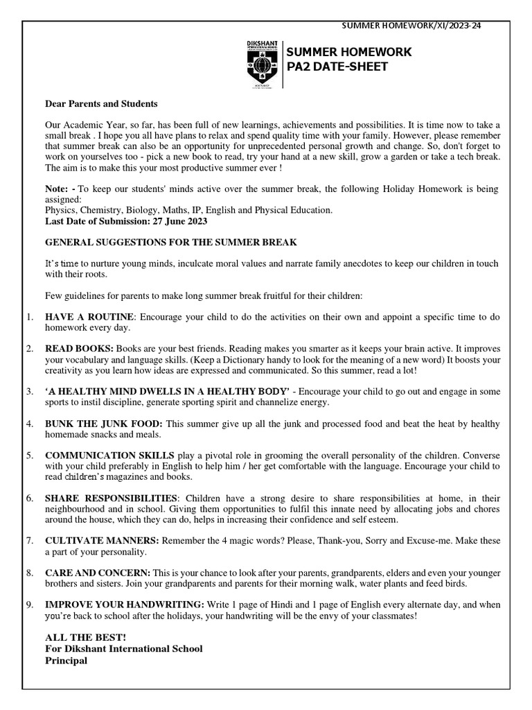 Class 11 Summer Homework Guidelines | PDF