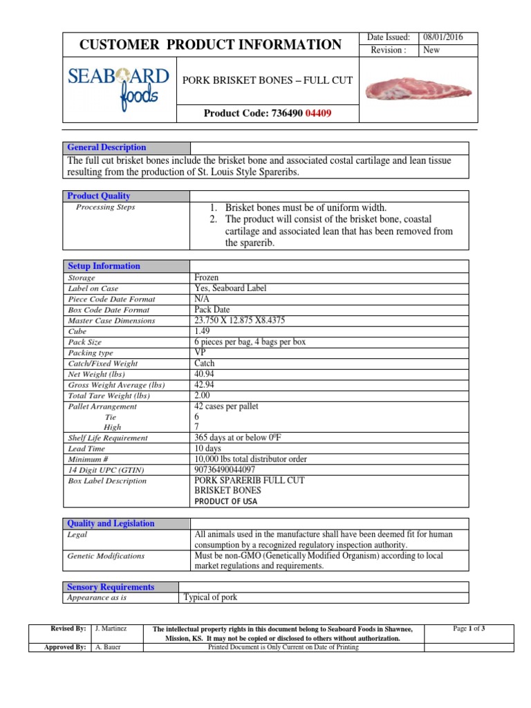 Ficha Tecnica Brisket Bone Seaboard VP | PDF