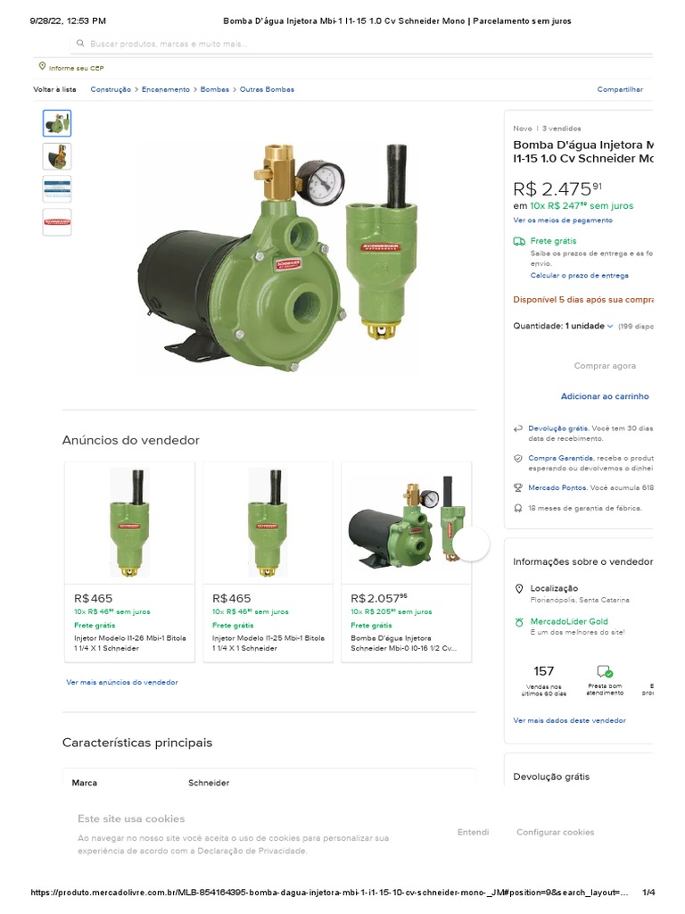 Bomba D'água Injetora Mbi-1 I1-15 1.0 CV Schneider Mono - Parcelamento ...