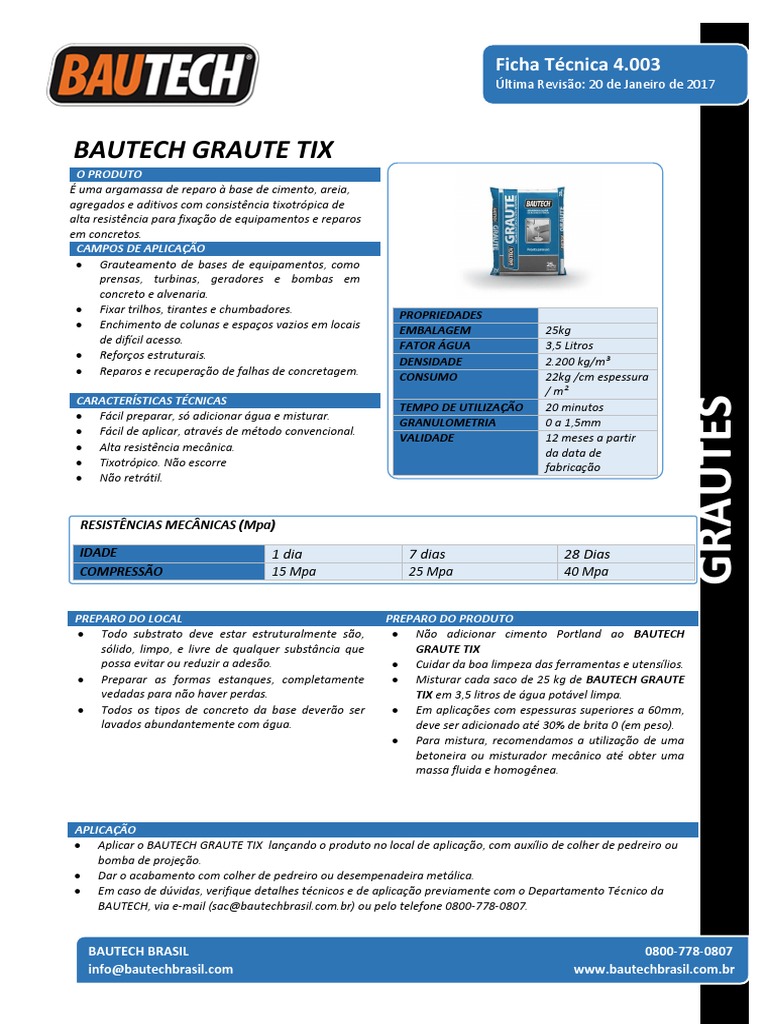 Graute Tix Bautech: Ficha Técnica e Aplicação | PDF | Concreto | Cimento