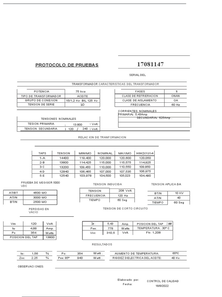 Protocolo DE Pruebas: Caracteristicas Del Transformador | PDF | Transformador | Poder (Física)