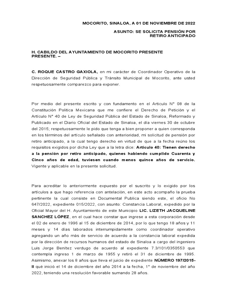Escrito Solicitud de Pension | PDF | Derecho