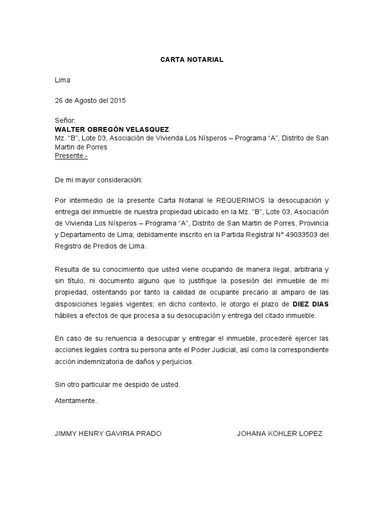 Carta Notarial Jimmy Gaviria Prado y Monica Kohler Lopez | PDF