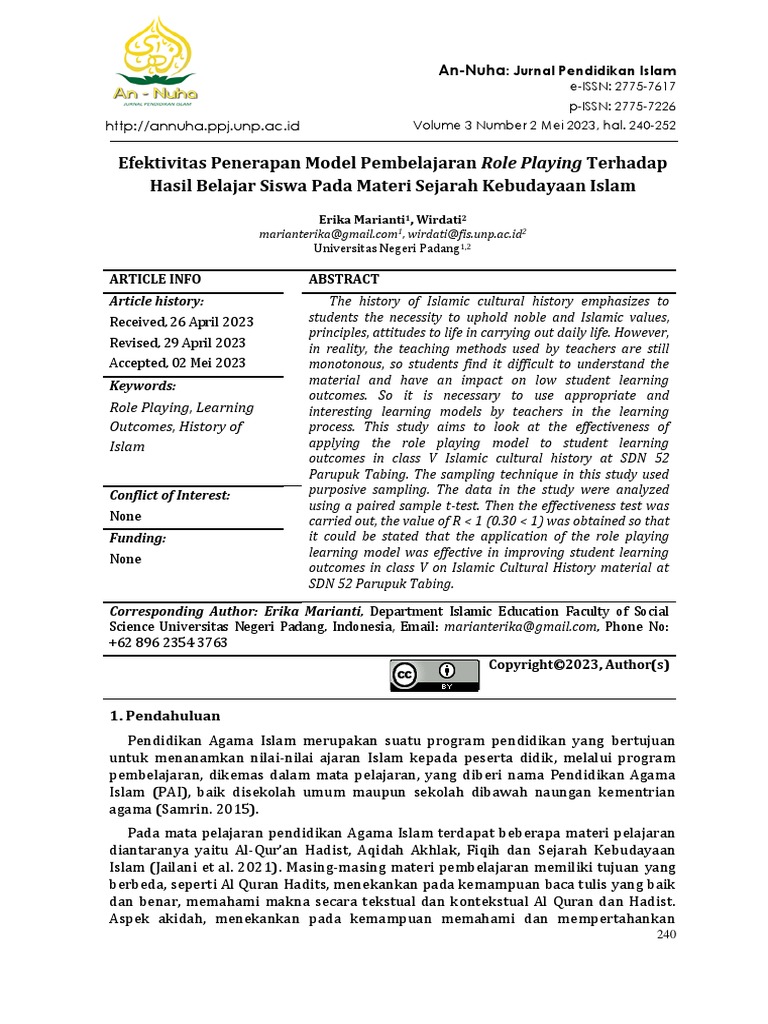 Efektivitas Penerapan Model Pembelajaran Role Playing | PDF | Student's ...