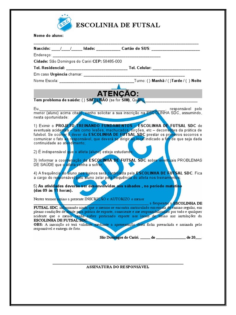 Ficha de Inscrição Escolinha de Futsal SDC | PDF