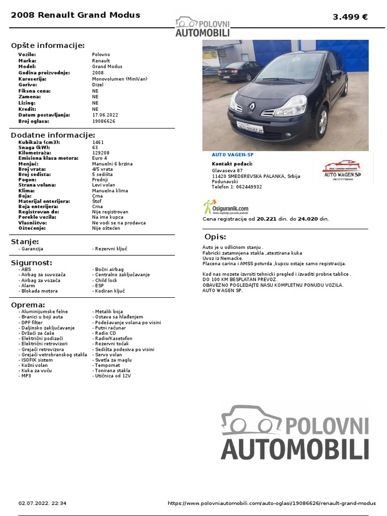 Renault Grande Modus, Crni, Kuka, 1.5 Dci 86 KS, 2008, 3500, Kanjiža | PDF