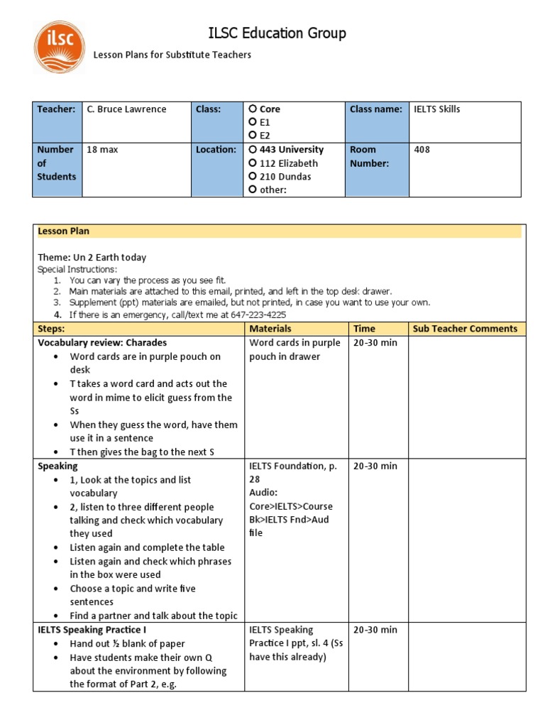 Lesson Plan IELTS Skills Un 2 Earth Today Fri | PDF | Lesson Plan ...