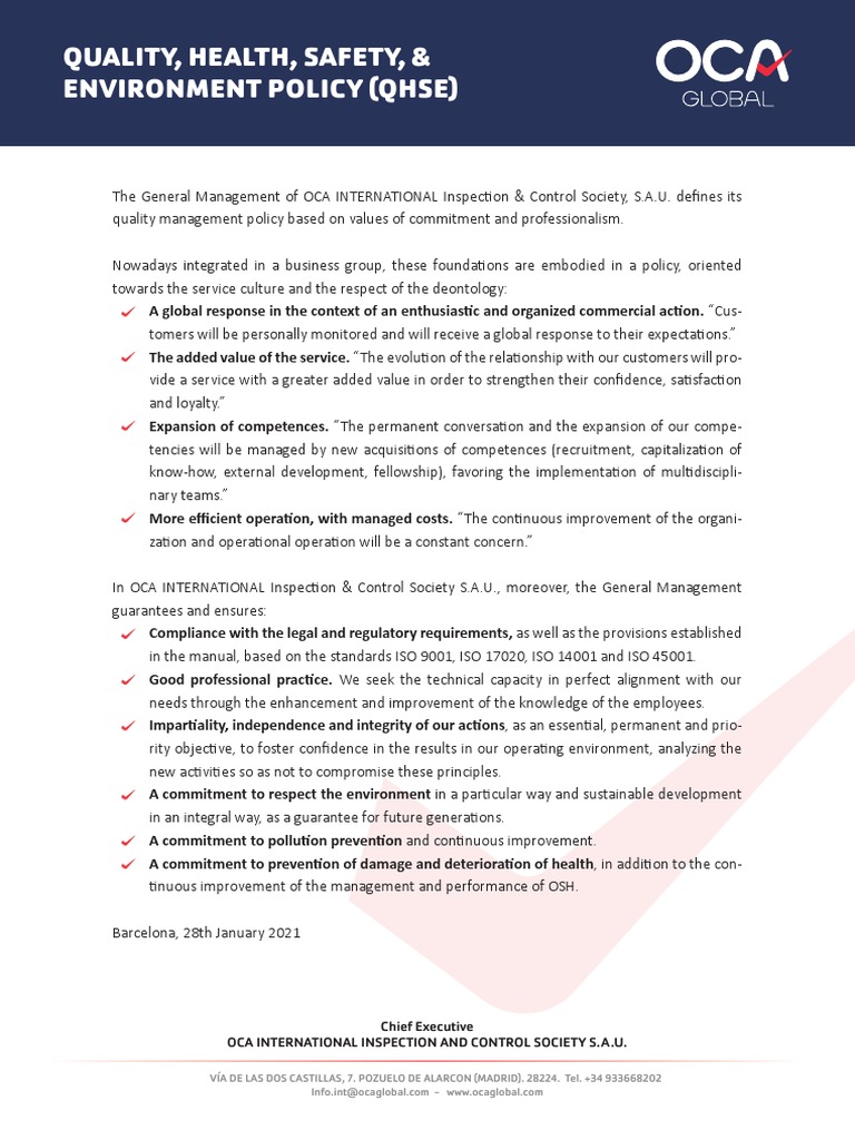SD1001 OI QHSE Policy | Download Free PDF | Quality Management | Business