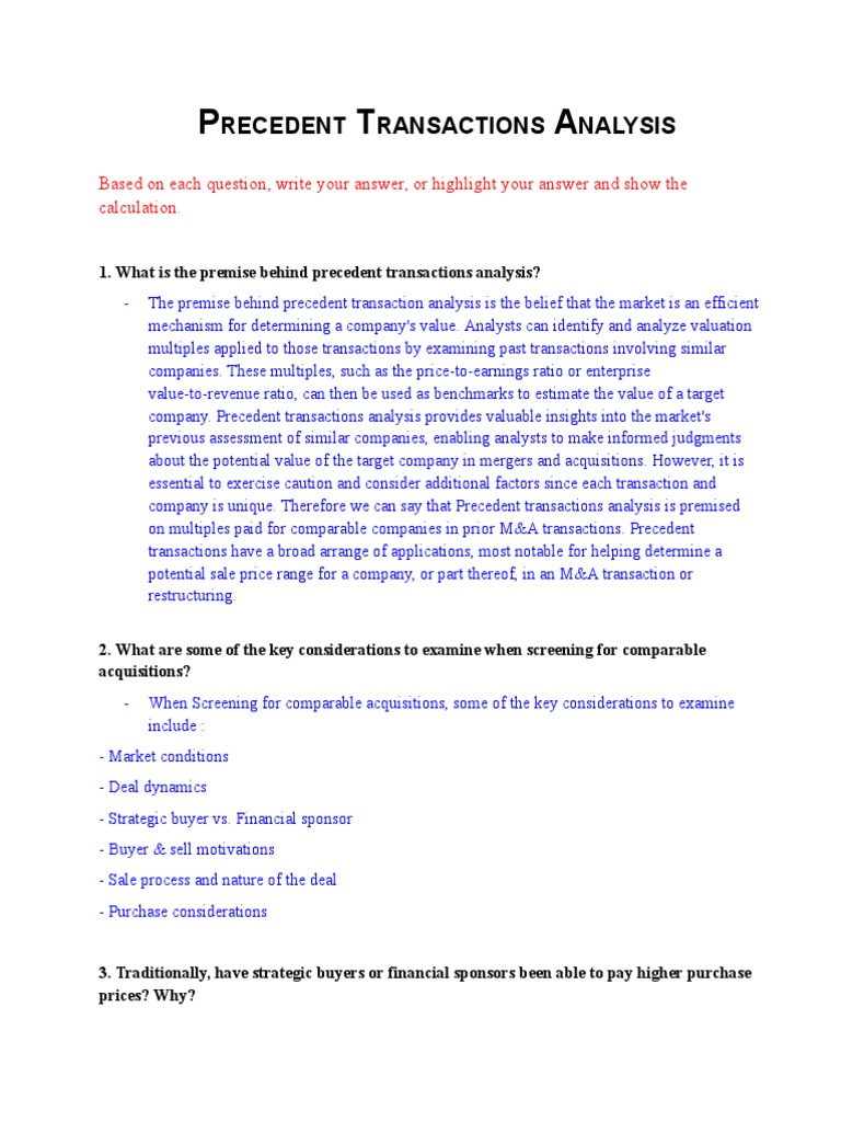 Precedent Transaction Homework Assignment-2 | PDF | Mergers And ...