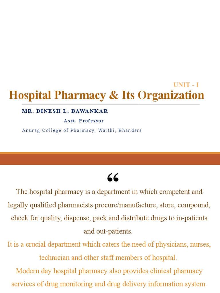 UNIT-I (B) - Hospital Pharmacy and Its Organization | PDF