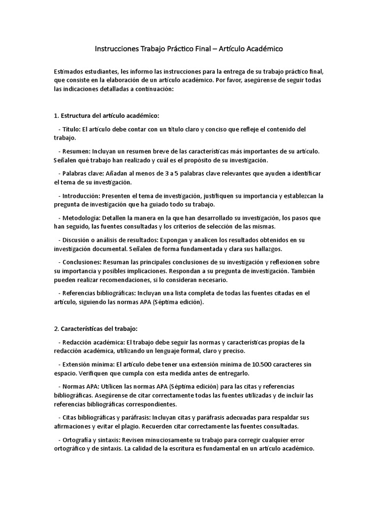 Instrucciones Trabajo Práctico Final – Artículo Académico | PDF