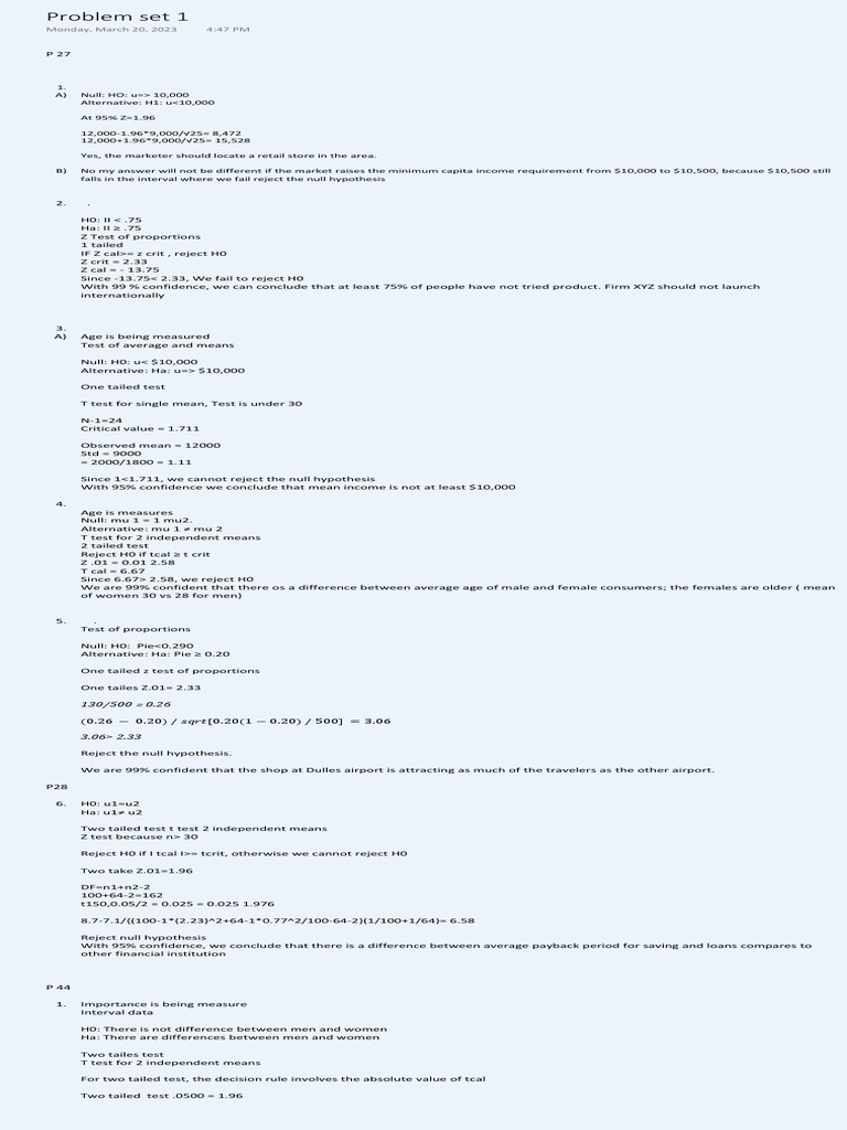 Problem Set 1 | PDF | Null Hypothesis | Statistics